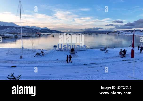 Ushuaia Sign At Ushuaia In Tierra Del Fuego Argentina. Bay Water ...