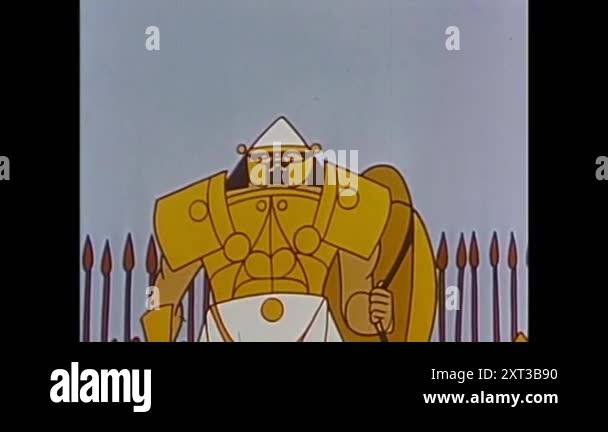 1960. Vintage animated film, Goliath challenges the Israelite army to ...