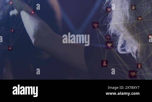 Network of social media icons and connections animation over people ...