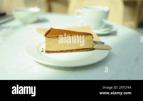 Classic New York cheesecake on a white concrete background, side view ...