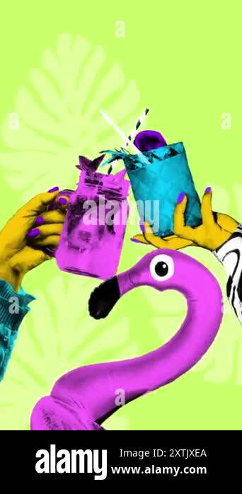 Stop motion. Animation. Hands holding colorful drinks against tropical ...
