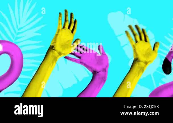 Stop motion. Animation. Pink flamingo float and raised hands against ...