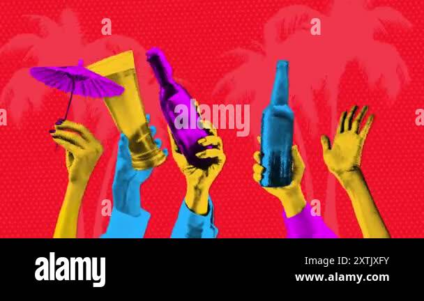Stop motion. Animation. Brightly colored drinks in vivid hands, against ...