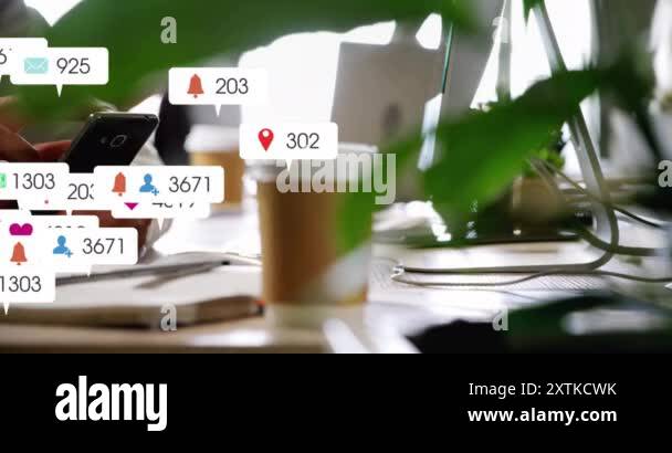 Animation of social media icons with numbers over caucasian businessman ...