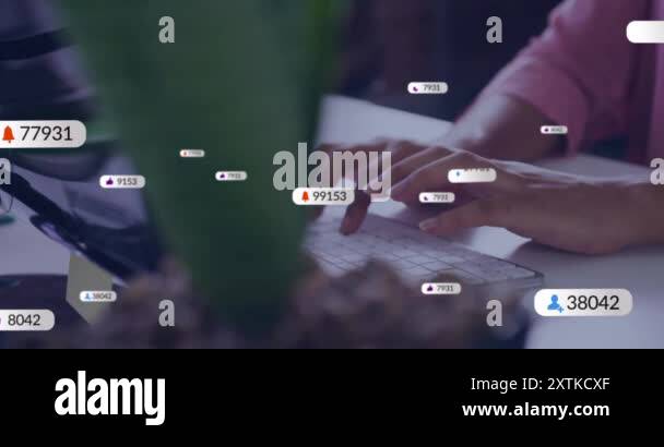 Animation of social media icons with numbers over african american woman typing on keyboard ...