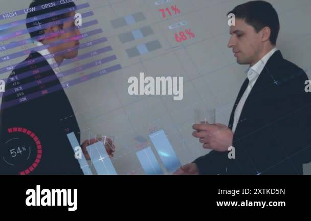 Animation of financial data processing over diverse colleagues shaking ...