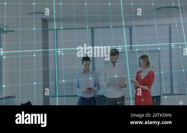 Grid and data points animation over business people using devices in ...