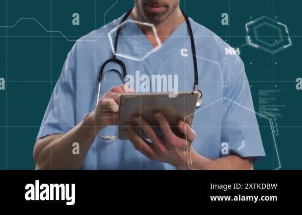 Animation of data processing and chemical formula over caucasian male doctor using tablet ...