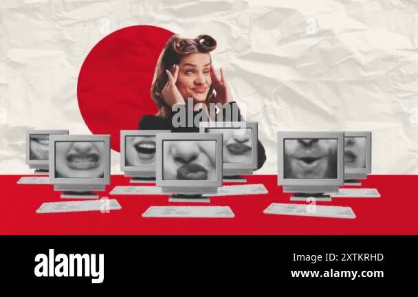 Stop motion, animation. Young woman holding head in information ...