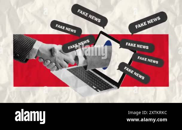 Stop motion, animation. Male shaking hands sticking out laptop screen ...