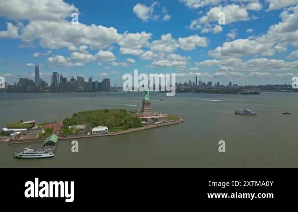 Panoramic aerial view Statue of Liberty in New York City, NY, USA. The ...
