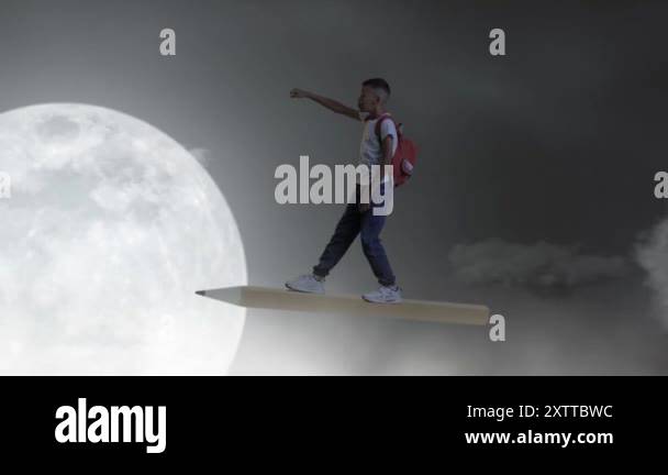 A young schoolboy standing confidently on a giant pencil, floating in ...