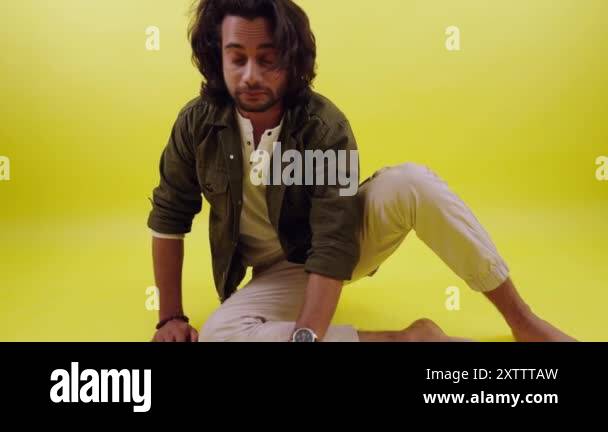 Man waking up from sleep stretching arms, Young person awaken in the ...