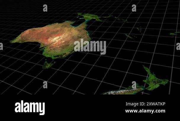 Land, grid and continent or map of Australia on black background ...