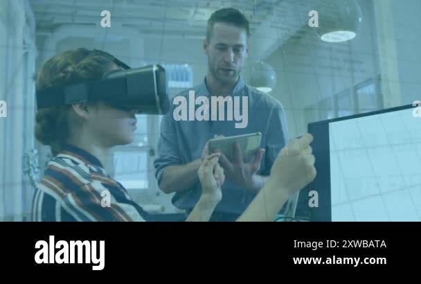 Using Virtual Reality Headset Woman Interacting With Data