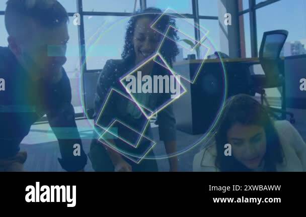 Geometric network animation over diverse business team collaborating in ...