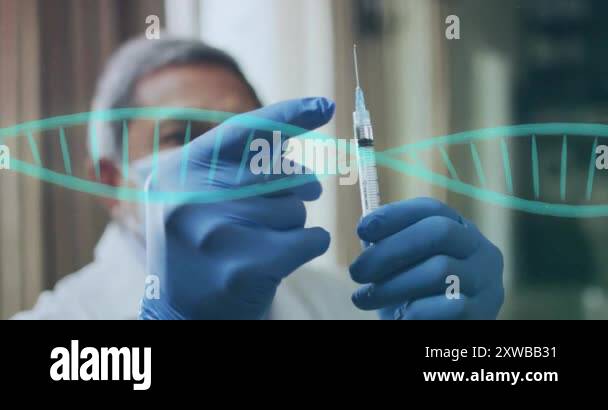 scientist holding syringe, scientist in lab with animated DNA strand in ...