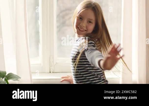 Happy beautiful little girl run smiling joy childhood home kid daughter ...