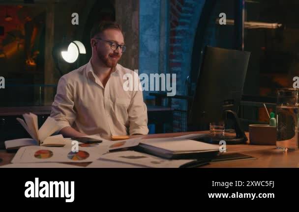 Caucasian man business guy businessman male workaholic in dark night ...