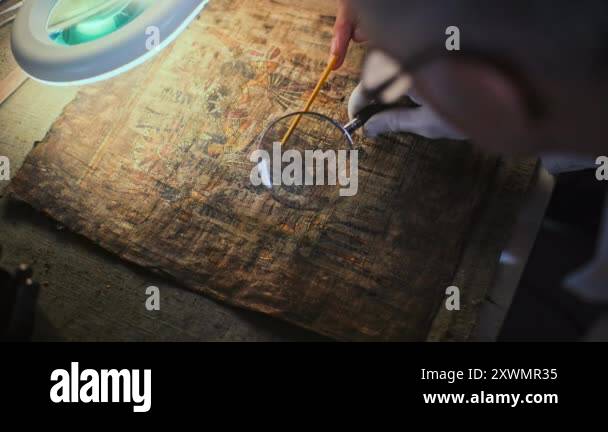 Senior archaeologist studies ancient Egyptian papyrus with colleague ...