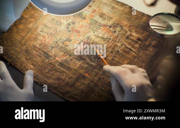 Two archaeologists examine ancient Egyptian papyrus together under lamp ...