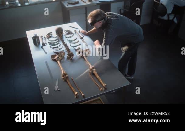Modern archaeological lab: High angle of mature archaeologist in VR ...