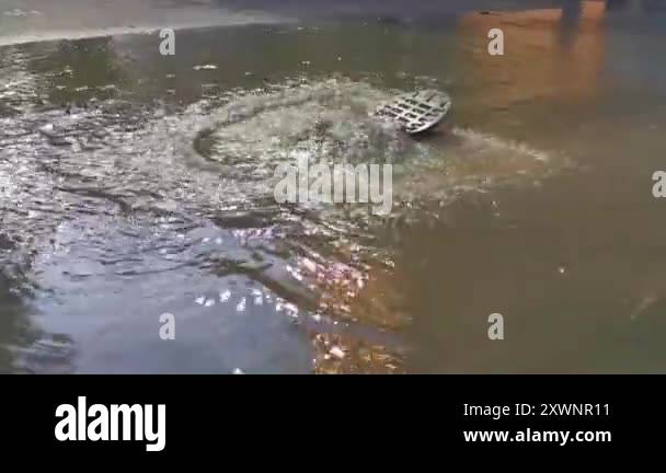 Water flows from the gully during extreme rain and storms extreme wind ...