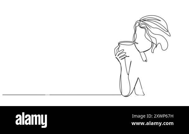 animated continuous single line drawing of woman drinking from coffee ...