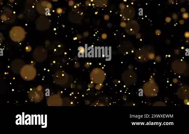 Abstract loop animation flickering glow gold bokeh bubble particles flying on black background ...