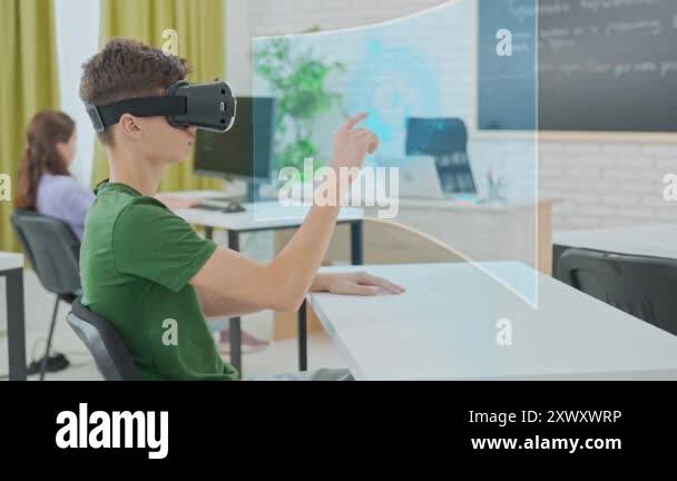 A student wearing a VR headset interacts with floating 3D mathematical equations and diagrams in ...