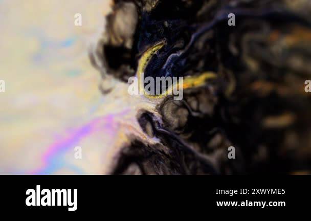 Ink wave. Glitter liquid spill. Blur black white golden color layers ...