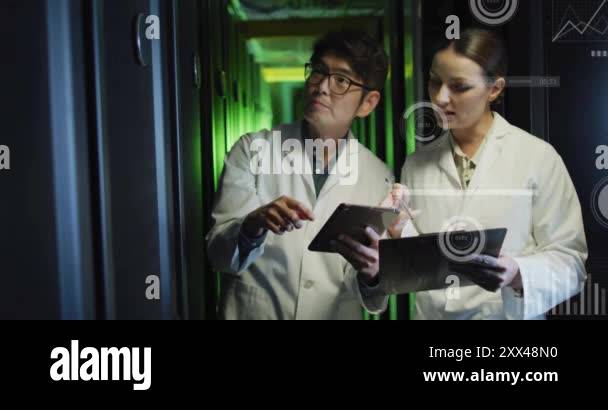 Discussing data on tablets, scientists analyzing data with animation in ...