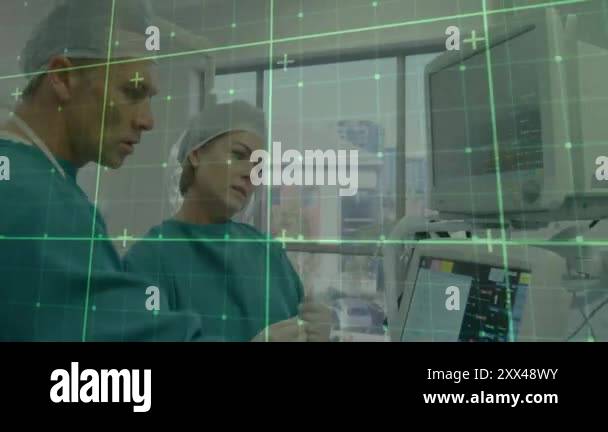 Medical professionals examining patient data, grid and crosshair animation overlay. Healthcare ...