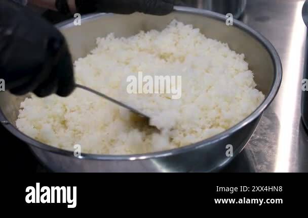 Cooking process, Step by step, Sushi tempura Hands in black gloves dip ...
