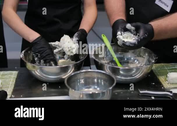 Cooking process, Step by step, Sushi tempura Hands in black gloves dip ...