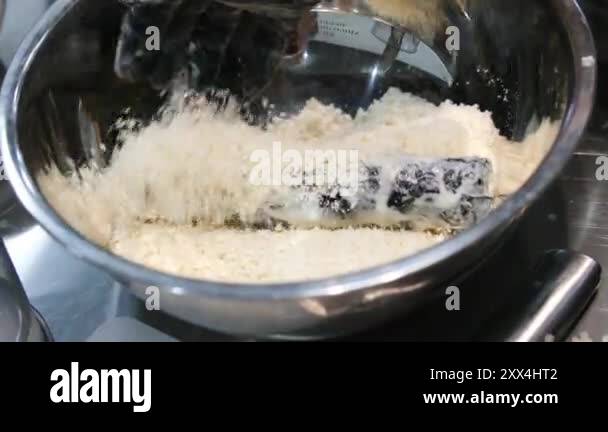 Cooking process, Step by step, Sushi tempura Hands in black gloves dip ...