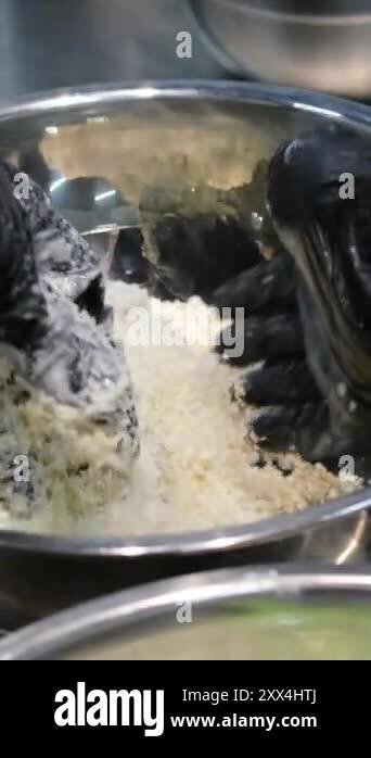 Cooking process, Step by step, Sushi tempura Hands in black gloves dip ...
