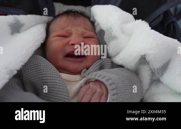 Newborn baby bundled in a cozy blanket, crying and showing signs of ...