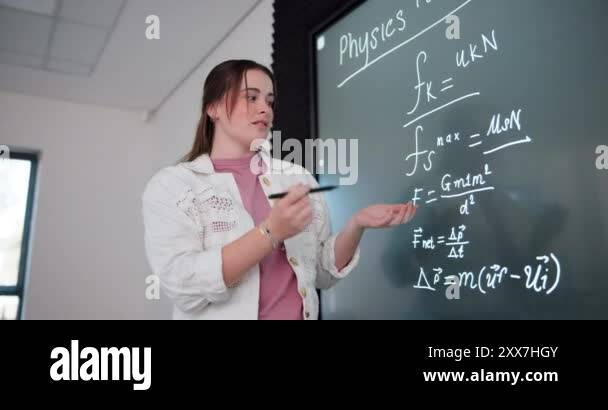 Teaching, board and explaining of math, woman and writing of equations ...