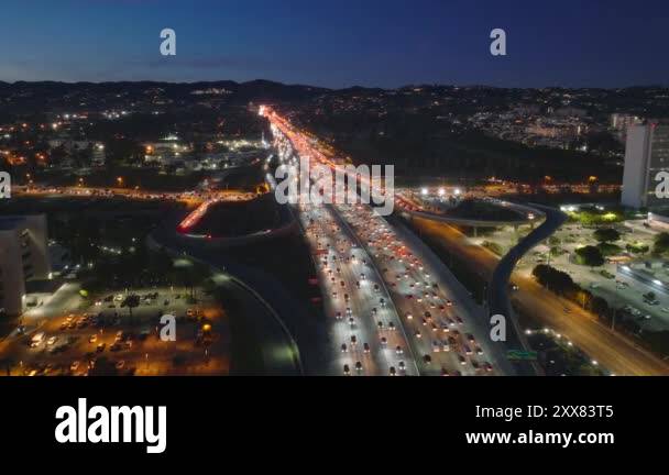 Marvel at the aerial 4K view of a severe traffic jam in downtown Los ...
