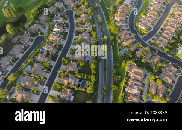 The aerial view of a suburban neighborhood in Calabasas, Los Angeles ...