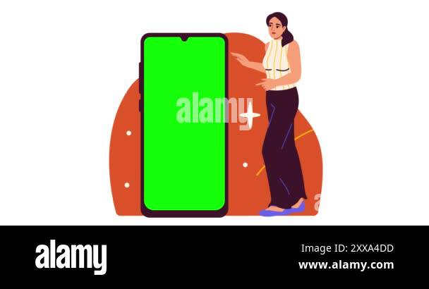 Person showing smartphone. Moving banner with happy woman pointing at ...