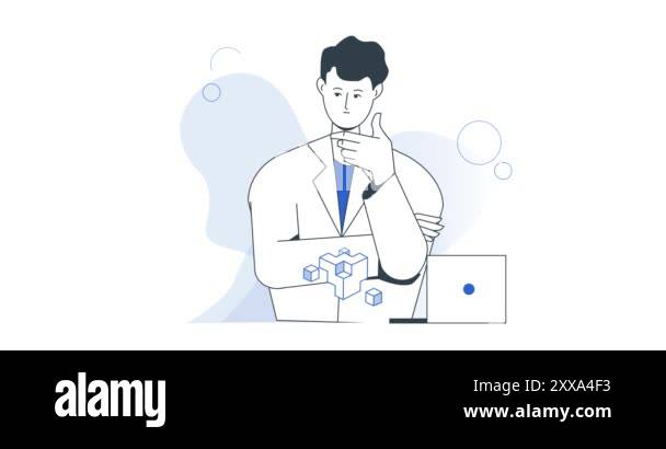 Scientific research. Moving banner with thoughtful male chemist ...