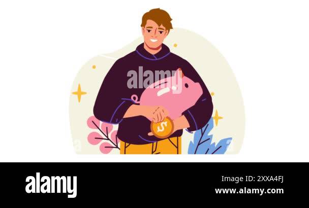 Financial literacy. Moving banner with happy man throwing gold coins ...