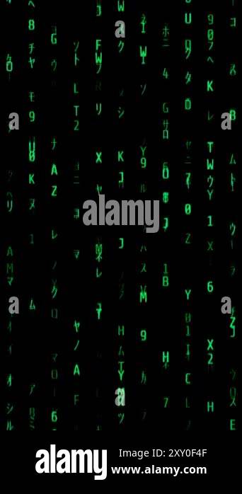 Vertical video. Dense Green Alphanumeric Characters Fall Vertically on ...