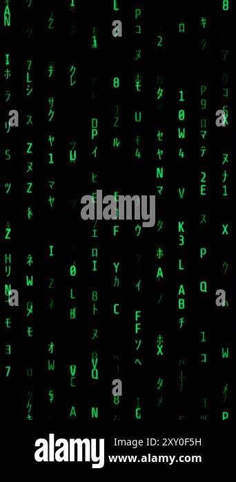 Vertical video. Numerous Green Alphanumeric Characters Fall Vertically on a Black Screen ...