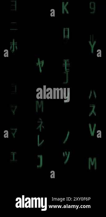 Vertical video. Green Japanese Characters Stream Down a Black Screen in ...