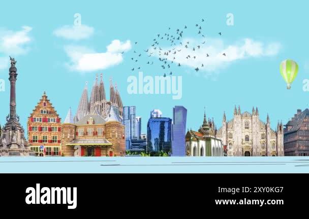 World landmarks and famous monuments collage isolated on panoramic blue ...