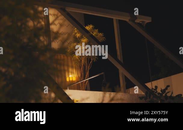A modern architectural structure at night, featuring a tree illuminated ...