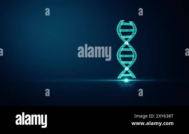 Abstract 3d polygonal wireframe DNA molecule helix spiral on blue ...